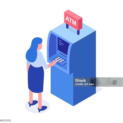 Atm 컨셉 Atm 기계 근처에 서 있는 여자 등등 측정 웹 배너 벡터 그림입니다 고객에 대한 스톡 벡터 아트 및 기타 이미지
