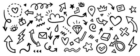 벡터 만화 추상 일러스트 화이트 컬러 배경에 간단한 다른 선 화살표와 모양의 집합 평면 손으로 그린 스케치 낙서 스타일 마커 획