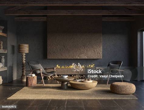 어두운 벽과 현대적인 벽난로가 있는 미니멀한 거실 인테리어 인테리어 모형 3d 렌더링 0명에 대한 스톡 사진 및 기타 이미지 0명 Diy 가구 Istock