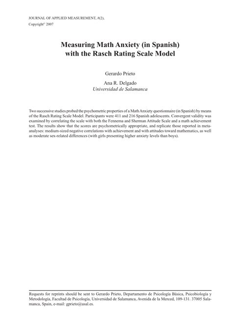Pdf Measuring Math Anxiety In Spanish With The Rasch Rating Scale Model