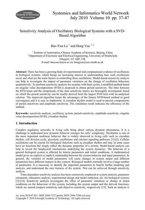 Pdf Sensitivity Analysis Of Oscillatory Biological Systems With A Svd Based Algorithm