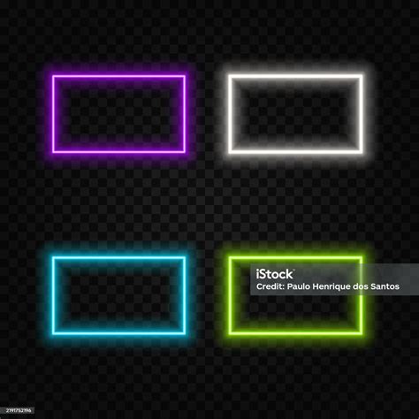 노을이 있는 네온 사각형 프레임 레이저 조명 효과가있는 테두리 주황색 빨간색 및 녹색 색상의 Led 배너 템플릿 형광 모양의 벡터 집합입니다 0명에 대한 스톡 벡터 아트 및
