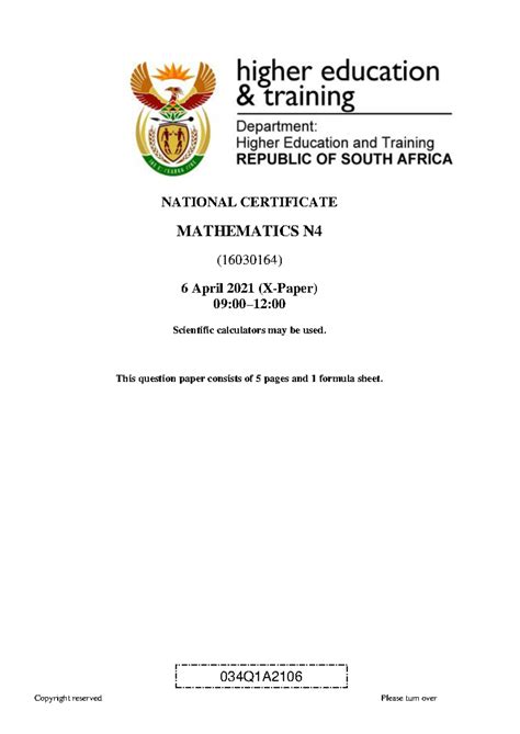 N4 Mathematics April 2021 National Certificate Mathematics N
