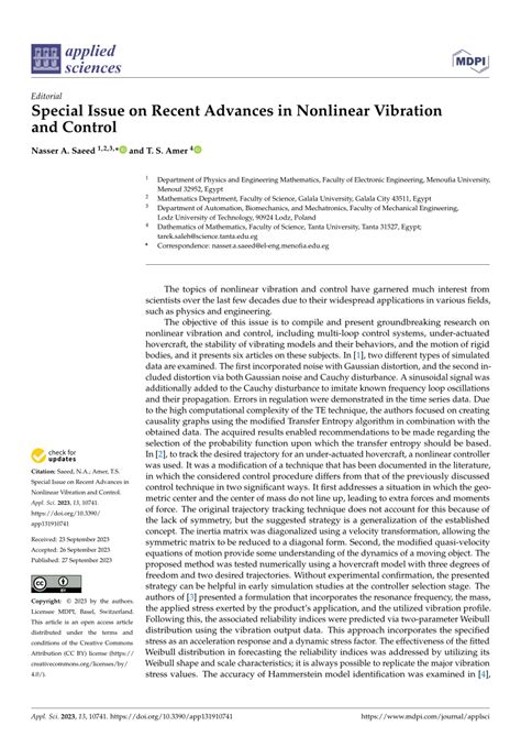 Pdf Special Issue On Recent Advances In Nonlinear Vibration And Control