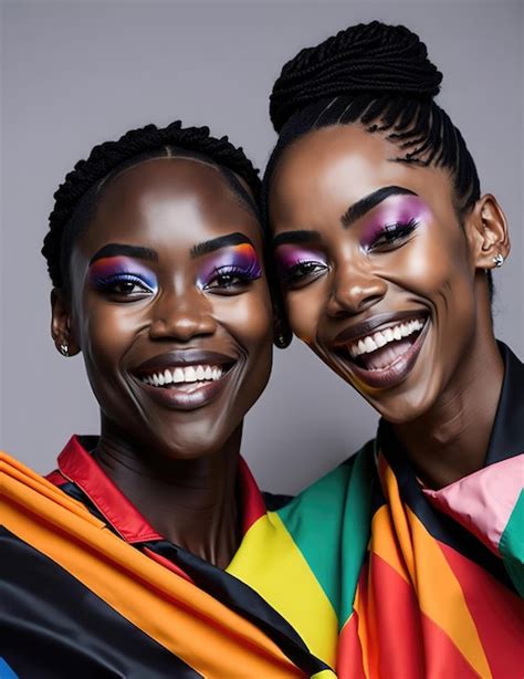 Dos Chicas Lesbianas Sonriendo Llevando Una Bandera De Lgbt Generative Ai Foto Premium