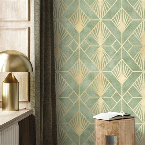 Green And Gold Art Deco Wallpaper Peel And Stick Wallpaper Removable