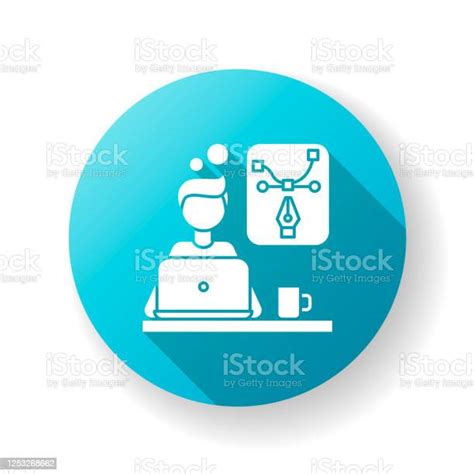 크리에이티브 디자이너 블루 플랫 디자인 긴 그림자 글리프 아이콘 프레젠테이션 및 데스크톱 디자인 편집 컴퓨터 그래픽 미디어 프로젝트 원격 작업 실루엣 Rgb 컬러