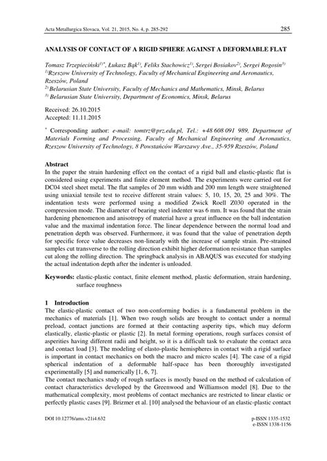 Pdf Analysis Of Contact Of A Rigid Sphere Against A Deformable Flat