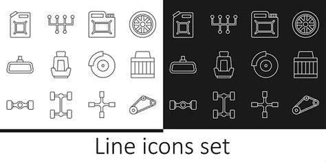 세트 라인 타이밍 벨트 키트 자동차 에어 필터 모터 오일용 캐니스터 시트 거울 가솔린 캘리퍼가 있는 브레이크 디스크 및 기어 시프터 아이콘 벡터 아이콘에 대한 스톡 벡터