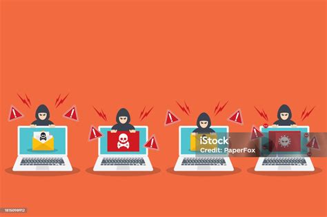 해커 랩톱 컴퓨터의 맬웨어 알림 기밀 데이터 개인 정보 및 신용 카드 세부 정보를 훔치는 랩톱 컴퓨터를 가진 해커 해킹 개념입니다 기민에 대한 스톡 벡터 아트 및 기타