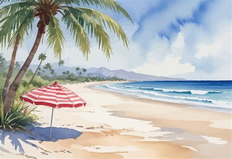 An Illustration Of A Beach With Palm Trees And An Umbrella Premium Ai