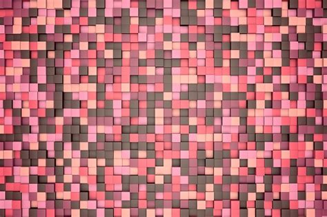 3 차원 일러스트 레이 션 추상 배경 분홍색 빨강 갈색 보라색 보라색 베이지색 노란 색상 컬러 모자이크 봄 벚꽃 벚꽃 작은 사각형 셀입니다 큐브의 벽입니다 픽셀 아트입니다