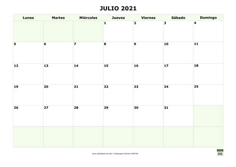 Plantilla Calendario 【julio 2021】 Para Imprimir Pdf