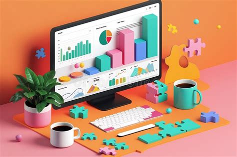 Modern Workspace With Graphs And Charts On Computer Screen 3d Render Stock Illustration