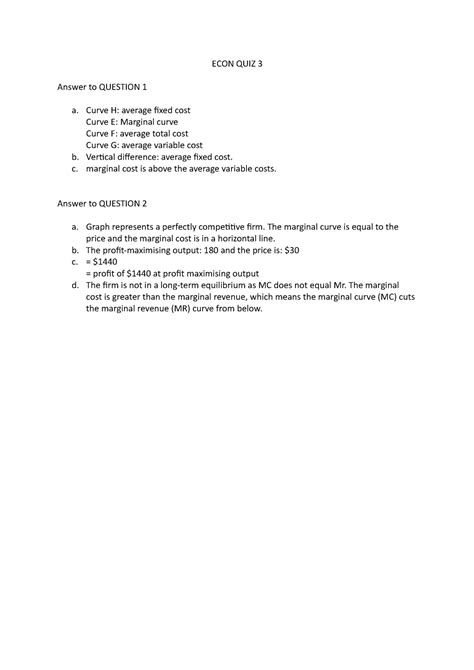 ECON Quiz Work ECON QUIZ Answer To QUESTION A Curve H Average Fixed Cost Curve E
