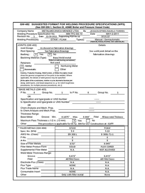 Qw 482 Suggested Format For Welding Procedure Specifications Wps