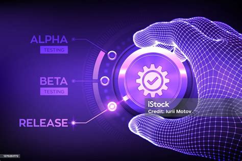 소프트웨어 테스트 엔지니어링 개념 알파 베타 릴리스 테스트 와이어프레임 핸드는 테스트 프로세스 노브를 돌리고 릴리스 제품 모드를