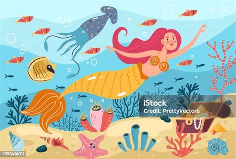 수중 바다 바닥에서 수영하는 인어 캐릭터 개념 벡터 평면 그래픽 디자인 일러스트 레이 션 여자 인어에 대한 스톡 벡터 아트 및