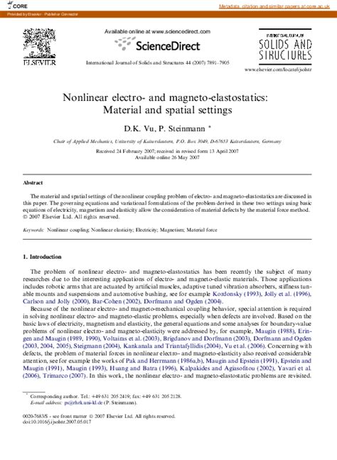 Pdf Nonlinear Electro And Magneto Elastostatics Material And