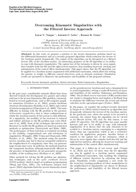 Pdf Overcoming Kinematic Singularities With The Filtered Inverse Approach