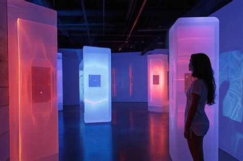 A Serene Art Installation Featuring Illuminated Translucent Structures And A Viewer In