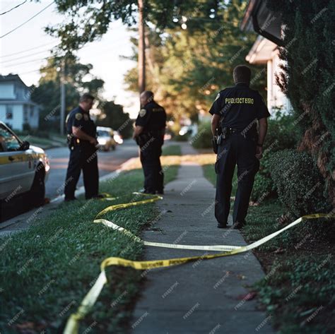 Officers Securing A Crime Scene With Caution Tape Premium Ai