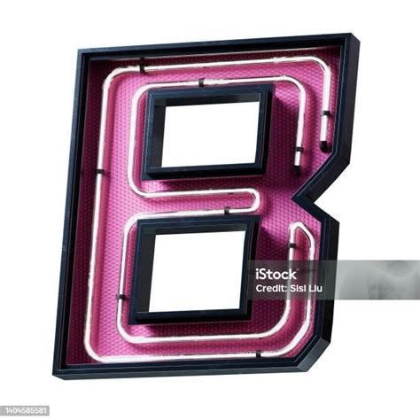 화이트 네온 라이트 알파벳 캐릭터의 3d 일러스트 캐피탈 레터 B 네온 튜브 대문자 화이트 글로우 효과와 핑크 바닥 플레이트가있는 블랙 메탈 박스3d 흰색 배경에 고립 된