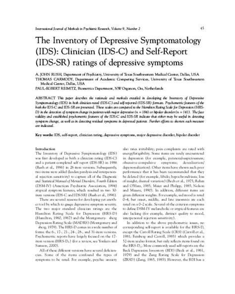 Pdf The Inventory Of Depressive Symptomatology Ids Clinician Ids C And Self Report Ids