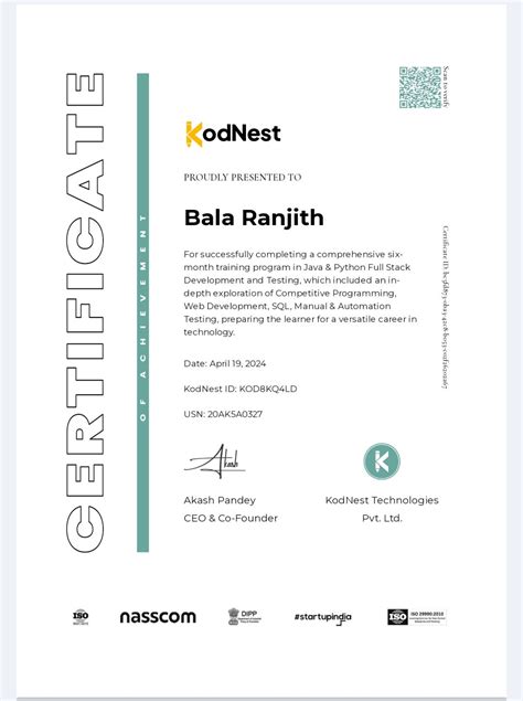 Ranjith Bala On Linkedin Thank Javafullstack Internship Kodnest