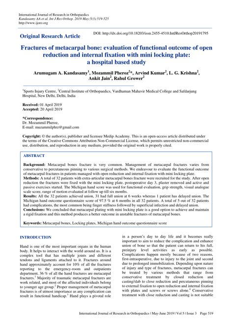 Pdf Fractures Of Metacarpal Bone Evaluation Of Functional Outcome Of Open Reduction And