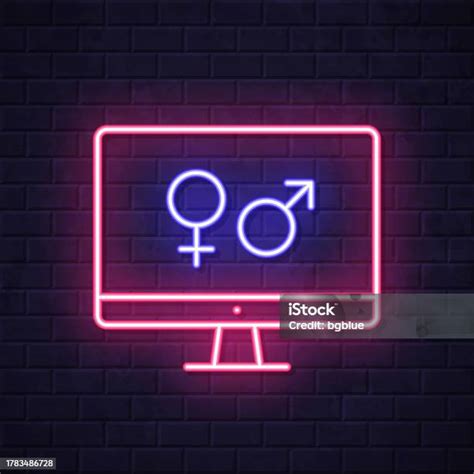 성별 기호가 있는 데스크톱 컴퓨터 벽돌 벽 배경에 빛나는 네온 아이콘 0명에 대한 스톡 벡터 아트 및 기타 이미지 0명 개념 남성 기호 Istock