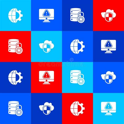 Set Globe Of The Earth And Gear Monitor With Exclamation Mark Server Security Lock And Cloud