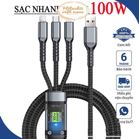 Dây Cáp Sạc Nhanh 3 Đầu 100w Dài 1m2 Hỗ Trợ Sạc Nhanh 3 Trong 1 Chống