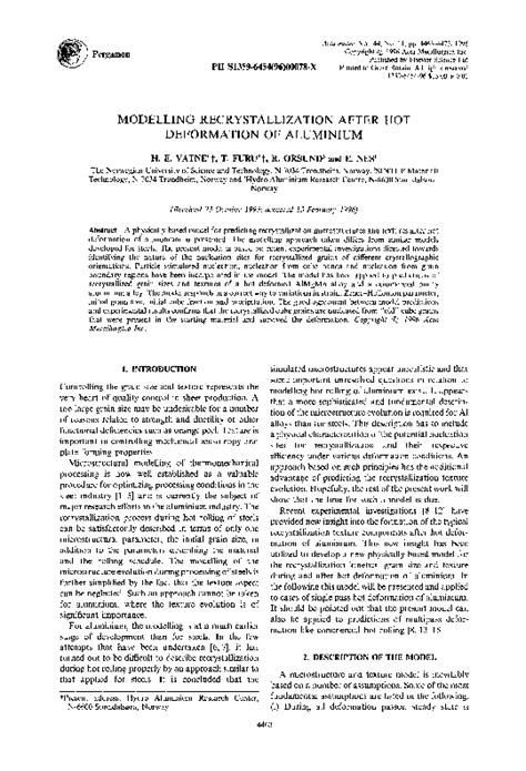 Pdf Modelling Recrystallization After Hot Deformation Of Aluminium