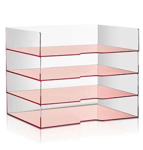 Yeaqee 4pcs 로즈골드 아크릴 종이 정리기 책상 쌓기용 거울 트레이 배니티 작업 공간 학교 데스크톱 티몬