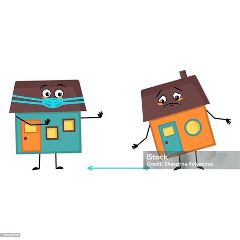 의료용 마스크에 얼굴을 가진 귀여운 집 캐릭터는 거리 팔 및 다리를 유지합니다 조심스럽게 표현 된 사람을 짓고 재미있는 별장 벡터 플랫 일러스트 레이 션 가공의 인물에 대한