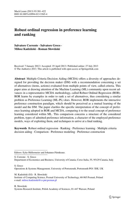 Pdf Robust Ordinal Regression In Preference Learning And Ranking