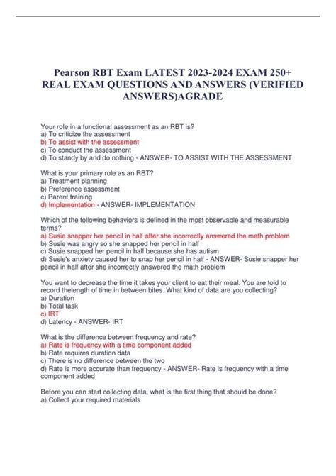 Pearson RBT Exam LATEST EXAM 250 REAL EXAM QUESTIONS AND ANSWERS VERIFIED ANSWERS AGRADE