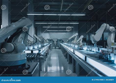 High Tech Robots Assembling Electronic Devices In A Futuristic Factory