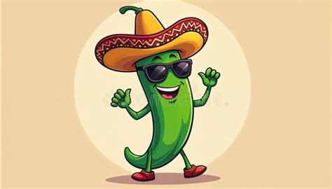 Happy Jalapeno Character Dances Wearing Sombrero Cartoon Chili Pepper With Sunglasses Stock