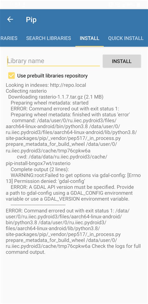 trying to install rasterio and gdal on pydroid3 but encountering this