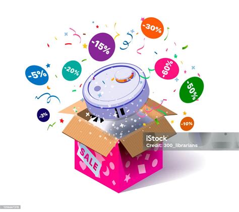 로봇 진공 청소기와 색종이 폭발 내부및 흰색 배경에 오픈 골판지 상자 선물에 대한 스톡 벡터 아트 및 기타 이미지 선물 진공청소기 10 Istock