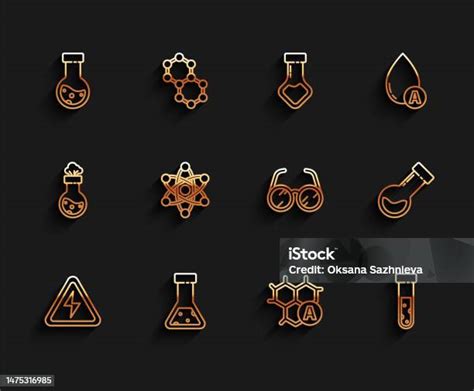 세트 라인 고전압 기호 시험관 및 플라스크 화학 화학식 원자 및 실험실 안경 아이콘 벡터 건강 진단에 대한 스톡 벡터 아트 및 기타 이미지 Istock
