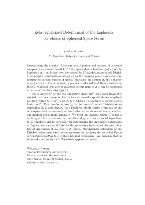 Pdf Zeta Regularized Determinant Of The Laplacian For Classes Of Spherical Space Forms