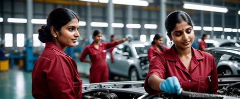 Indian Women In Car Factory Assembling Vehicles Stable Diffusion Online