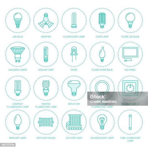 라이트 전구 플랫 라인 아이콘입니다 Led 램프 형광 필 라 멘 트 할로겐 다이오드 유형과 다른 조명 아이디어 개념 전기 상점에 대 한 얇은 선형 서명 한다 블루 색상 0