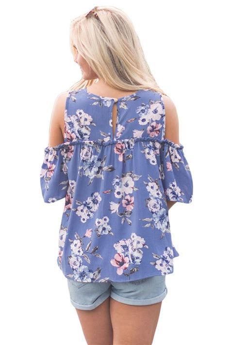 Hualong Blue Flora Plus Size Cold Shoulder Tops Online Store For