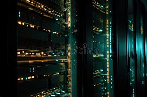 Close Up Of Server Rack With Blinking Lights In Data Center Stock Illustration Illustration Of