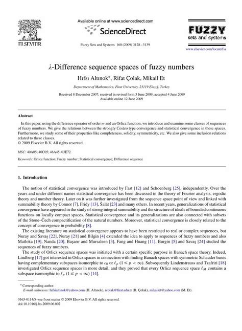 Pdf Difference Sequence Spaces Of Fuzzy Numbers Dokumentips