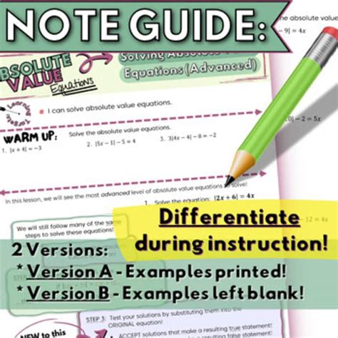 Solving Absolute Value Equations Advanced Note Guide Algebra 2